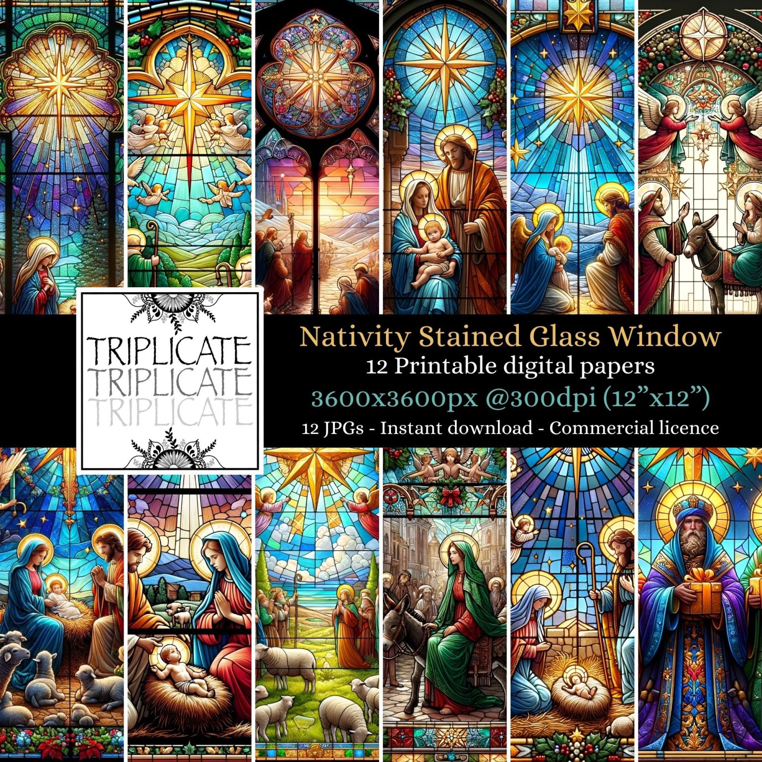 Nativity Stained Glass Window Digital Papers – Printable Papercraft ...
