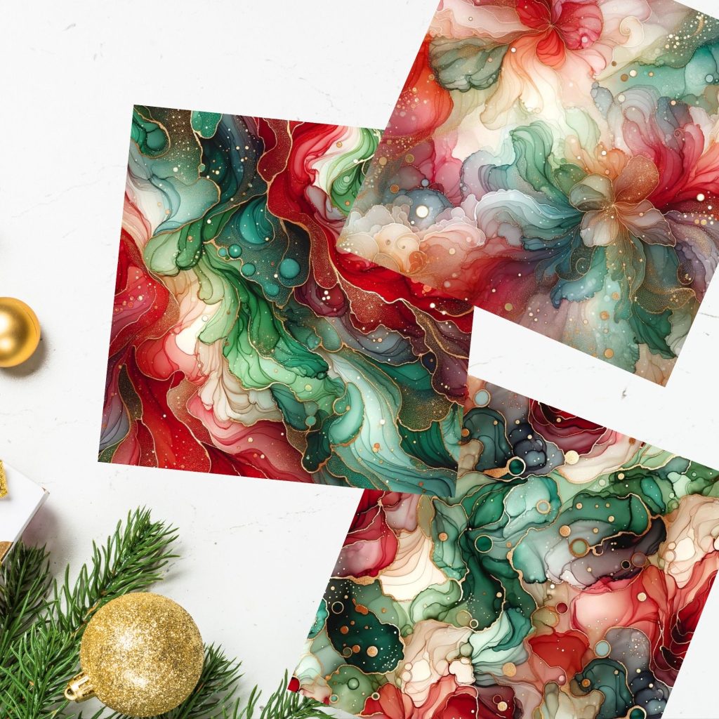 Festive Green & Red Alcohol Ink Scrapbook and Decorative Craft Paper ...