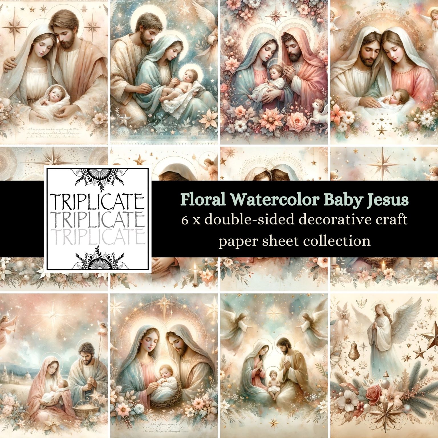 Floral Watercolor Baby Jesus Scrapbook Paper Sheets - Triplicate