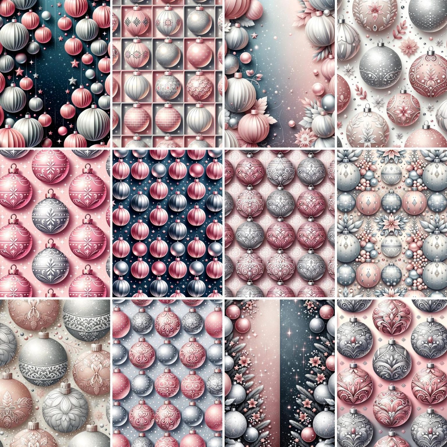 Pink and Silver Xmas Baubles Digital Papers - Triplicate