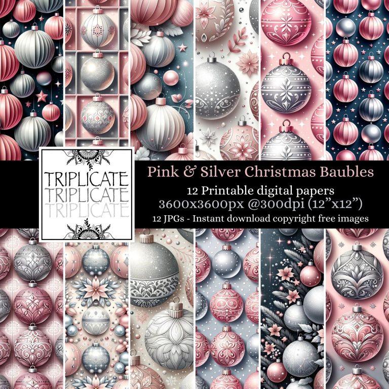 Pink and Silver Xmas Baubles Digital Papers - Triplicate