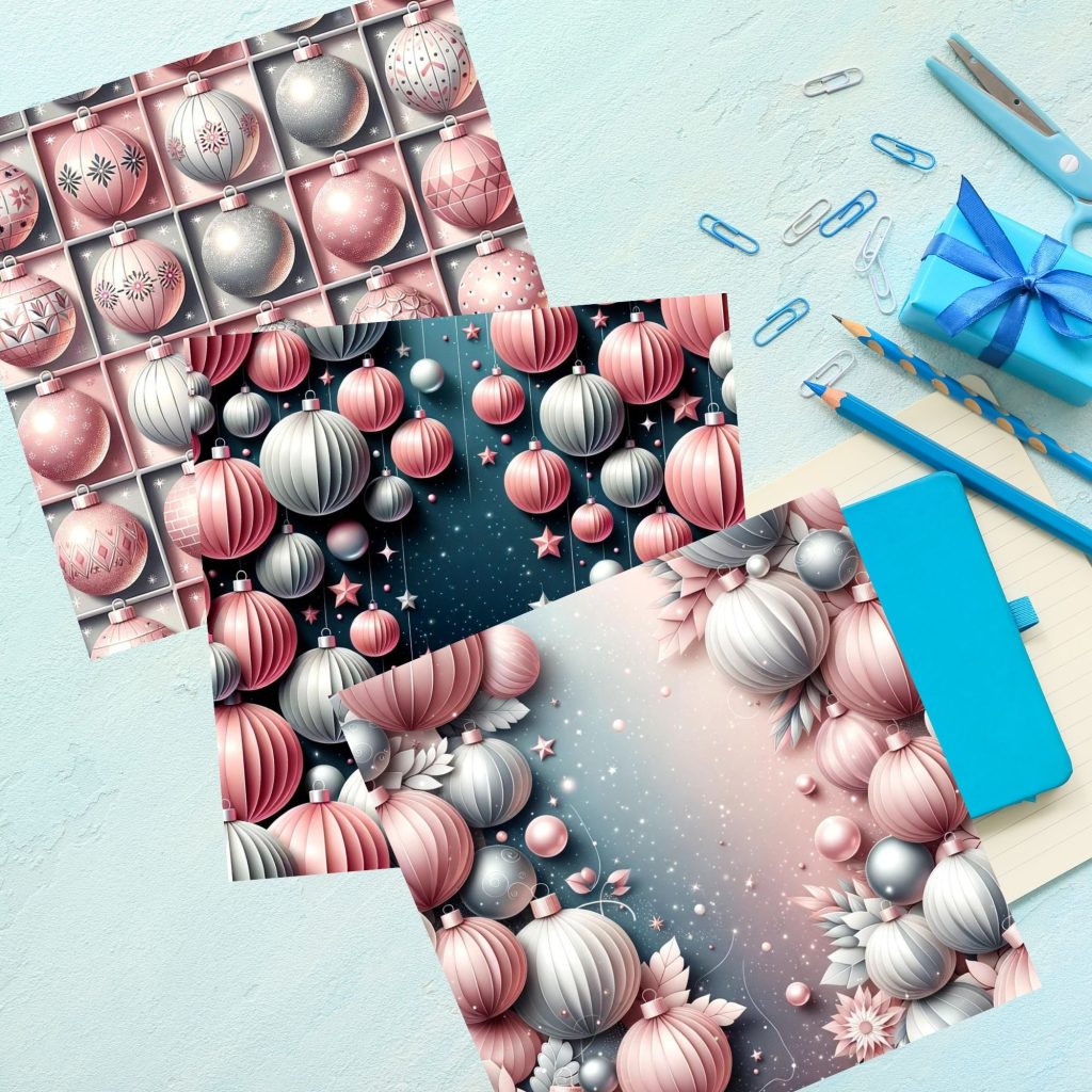 Pink and Silver Xmas Baubles Digital Papers - Triplicate