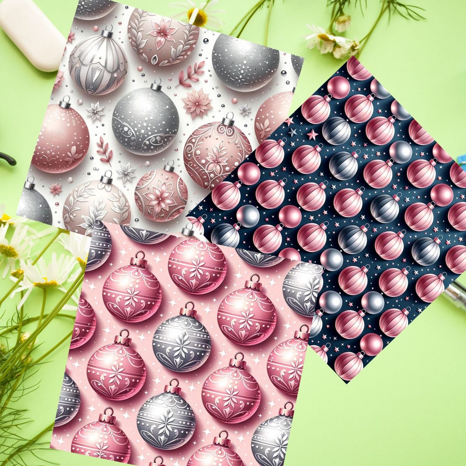 Pink and Silver Xmas Baubles Digital Papers - Triplicate