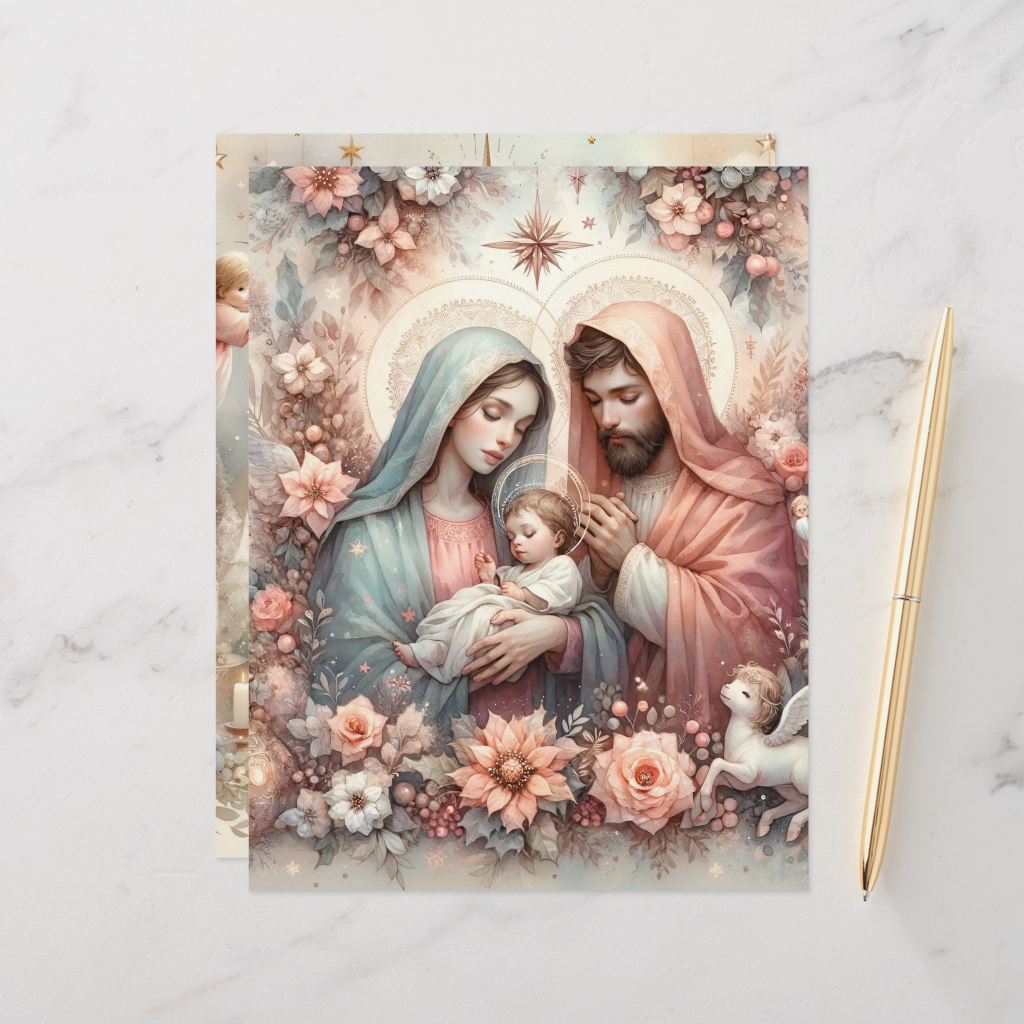 Floral Watercolor Baby Jesus Scrapbook Paper Sheets - Triplicate