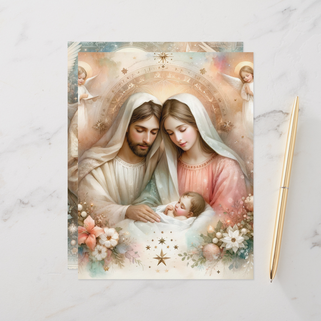 Floral Watercolor Baby Jesus Scrapbook Paper Sheets - Triplicate