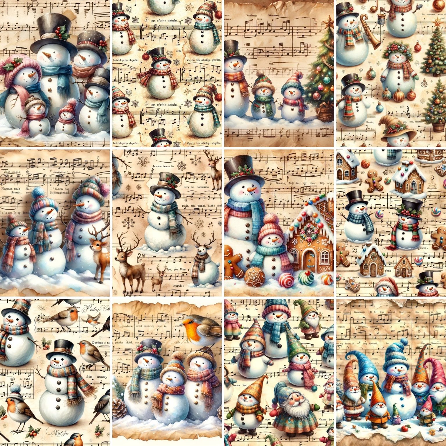 Vintage Watercolor Snowmen Scrapbook & Junk Journal Digital Decorative ...