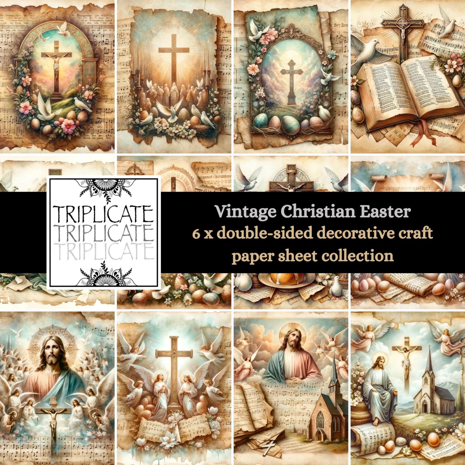 Vintage Christian Easter Scrapbook Paper Sheets - Triplicate