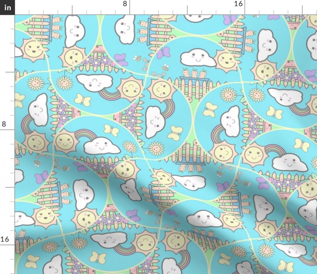 12” Cute Pastel Kawaii Garden Art Deco Fans – Medium Fabric - Triplicate