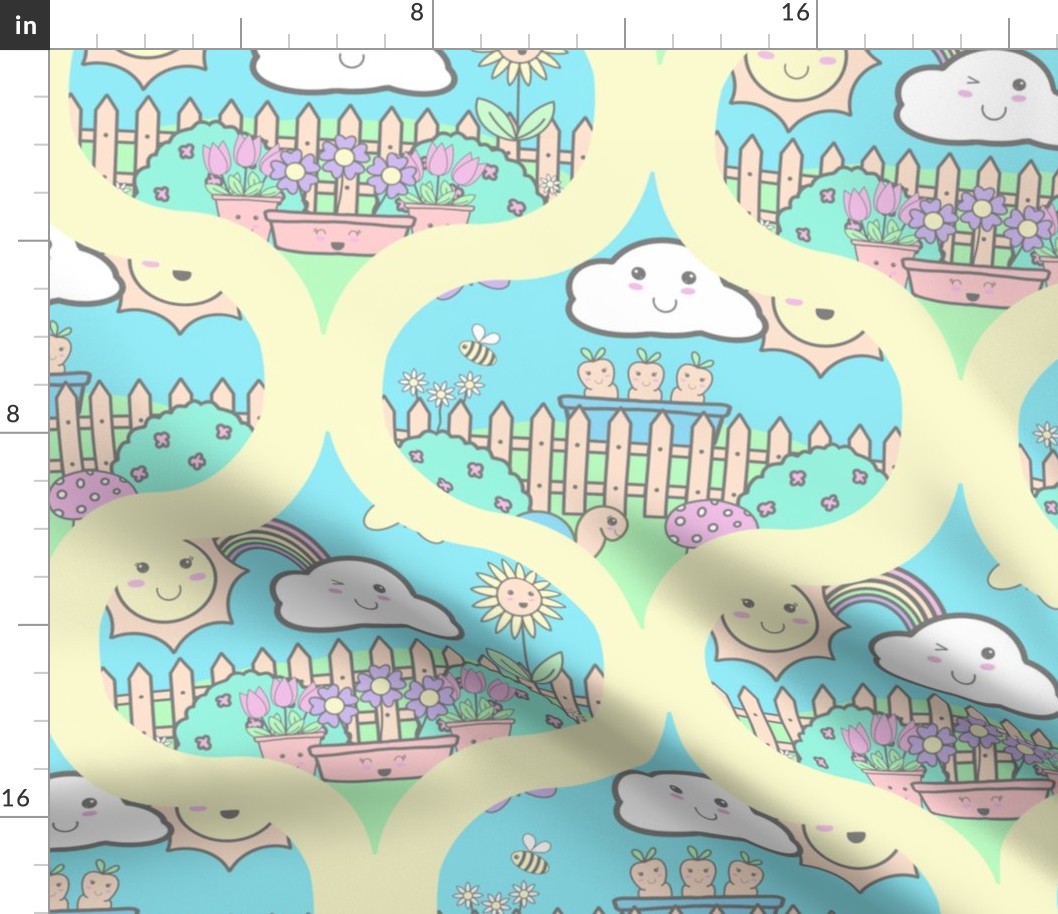 12” Cute Pastel Kawaii Garden Retro Ogee – Medium Fabric - Triplicate