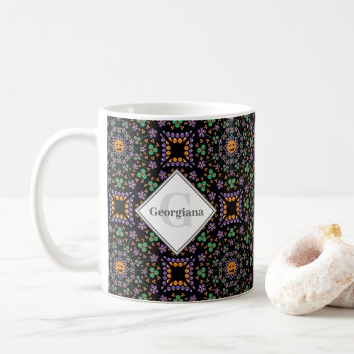 Monogram Halloween Cottagecore Dot Mandala Tile Coffee Mug - Triplicate