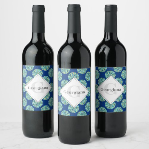 Monogrammed Starry Night On Sea Doodle Polka Dots Wine Label - Triplicate