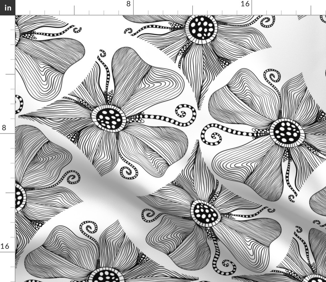24” Monochrome Topography Flower Tangle Art Deco Fans – Large Fabric ...