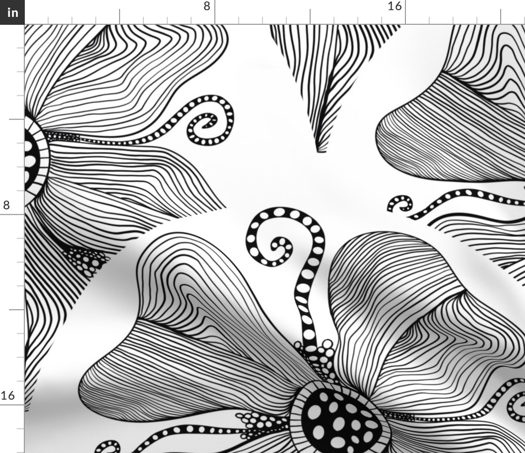 24” Monochrome Topography Flower Tangle Art Deco Scallop – Large Fabric ...