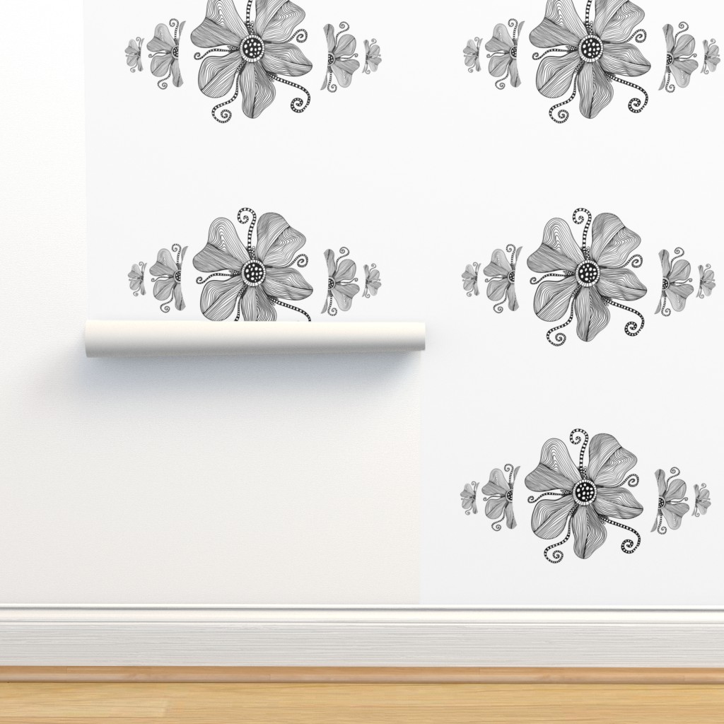 Monochrome Topography Flower Tangle Wallpaper - Triplicate