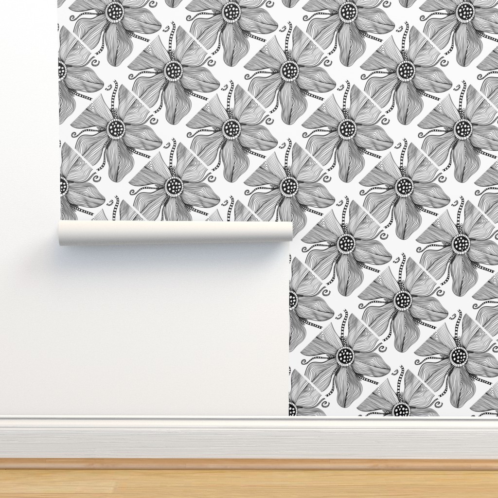 12” Monochrome Topography Flower Tangle Diamond Tile – Medium Wallpaper ...