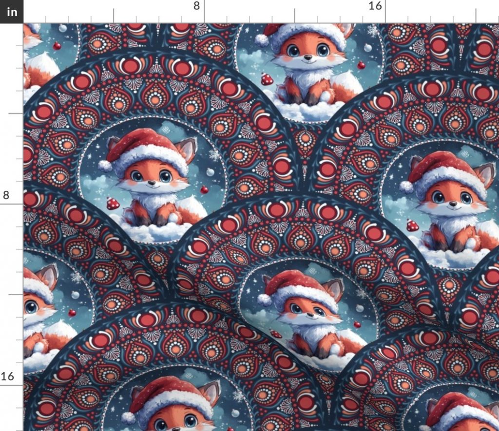 Kawaii Christmas Fox Art Deco Dot Mandala Scallops Wrapping Paper ...