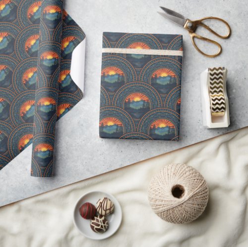 Vintage Wilderness Sunset Mandala Art Deco Scallop Wrapping Paper ...